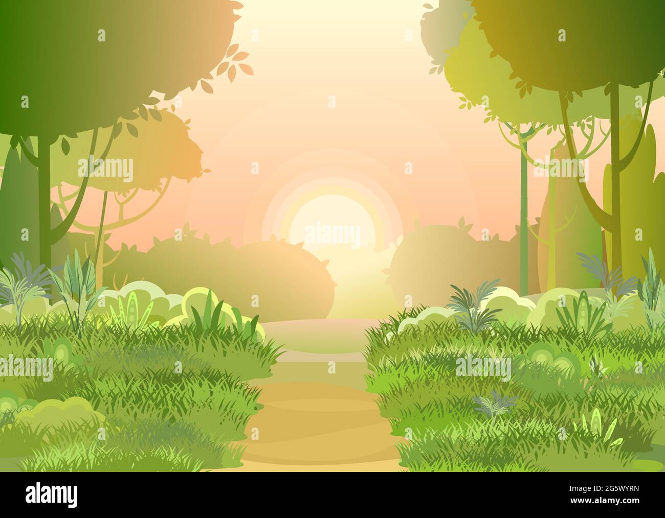 Road. Amusing beautiful forest landscape. Sun. Cartoon style. The path ...