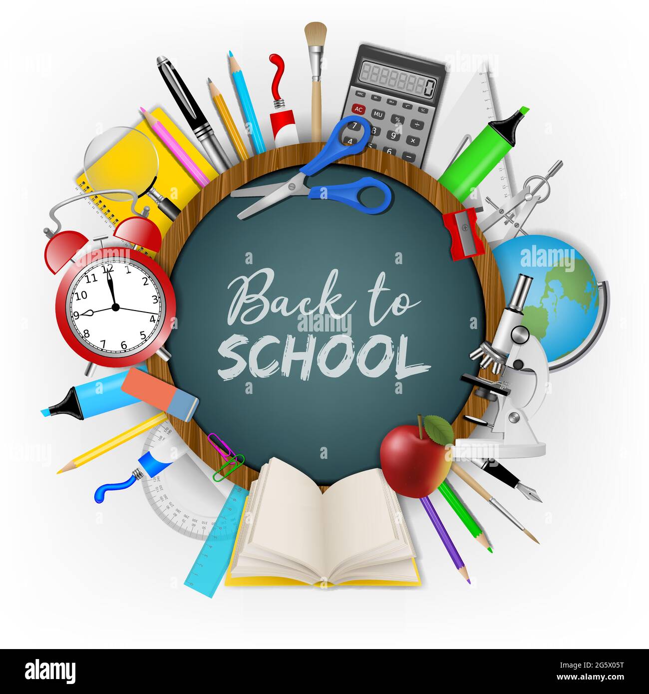 Back to school banner with realistic school supplies on chalkboard ...