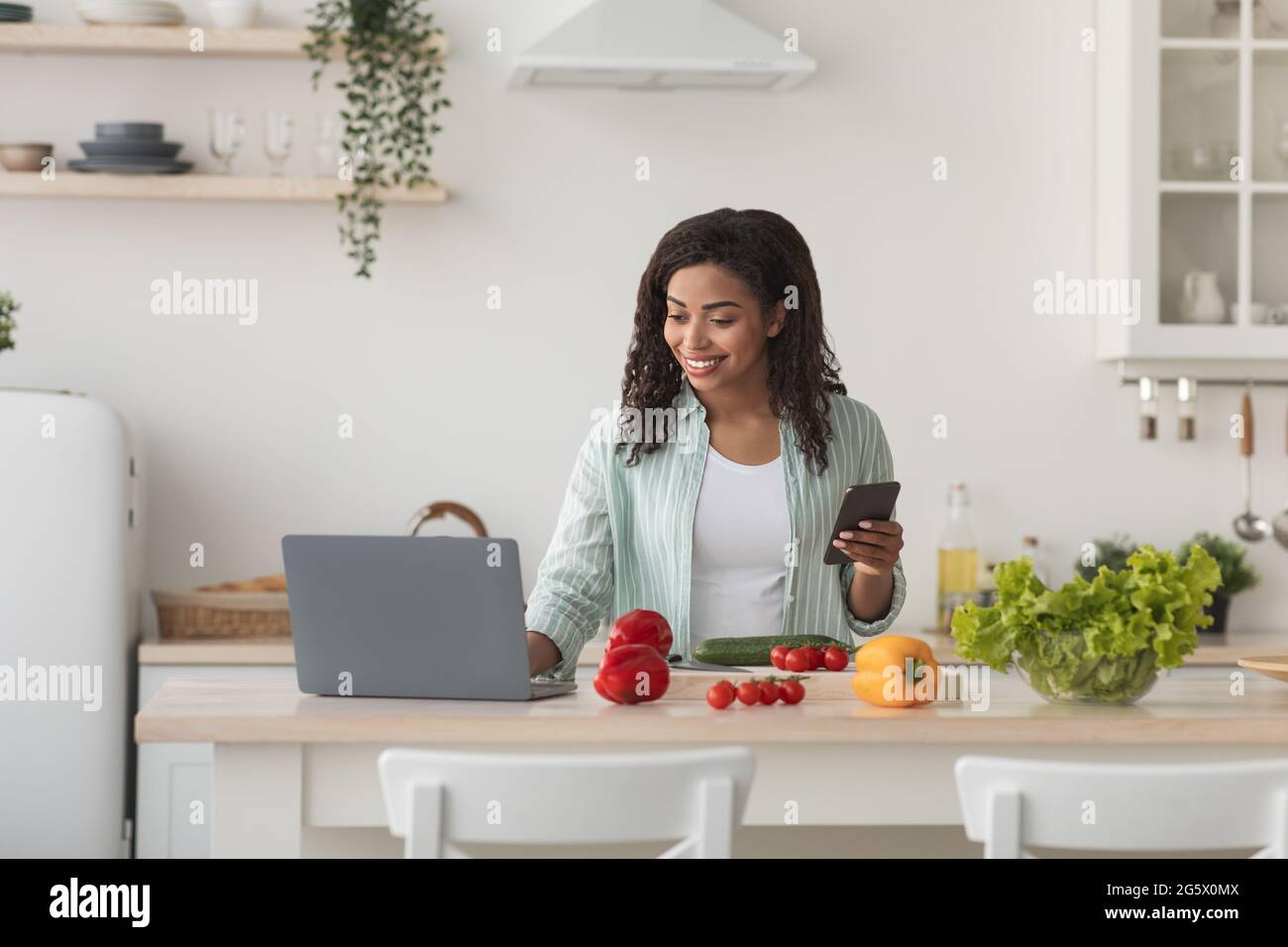 Modern devices, work remotely, new recipe and cook dinner for food blog ...