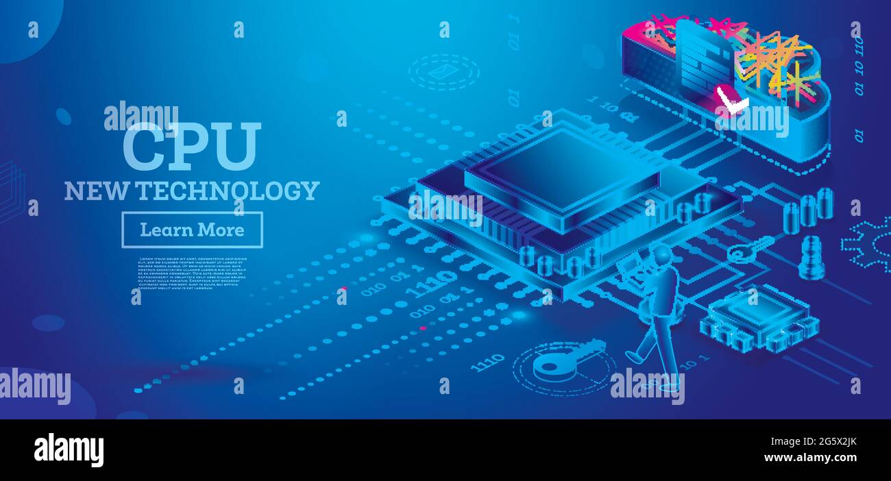 Futuristic Isometric Cpu with Neon Lines on Blue Background. Computer ...