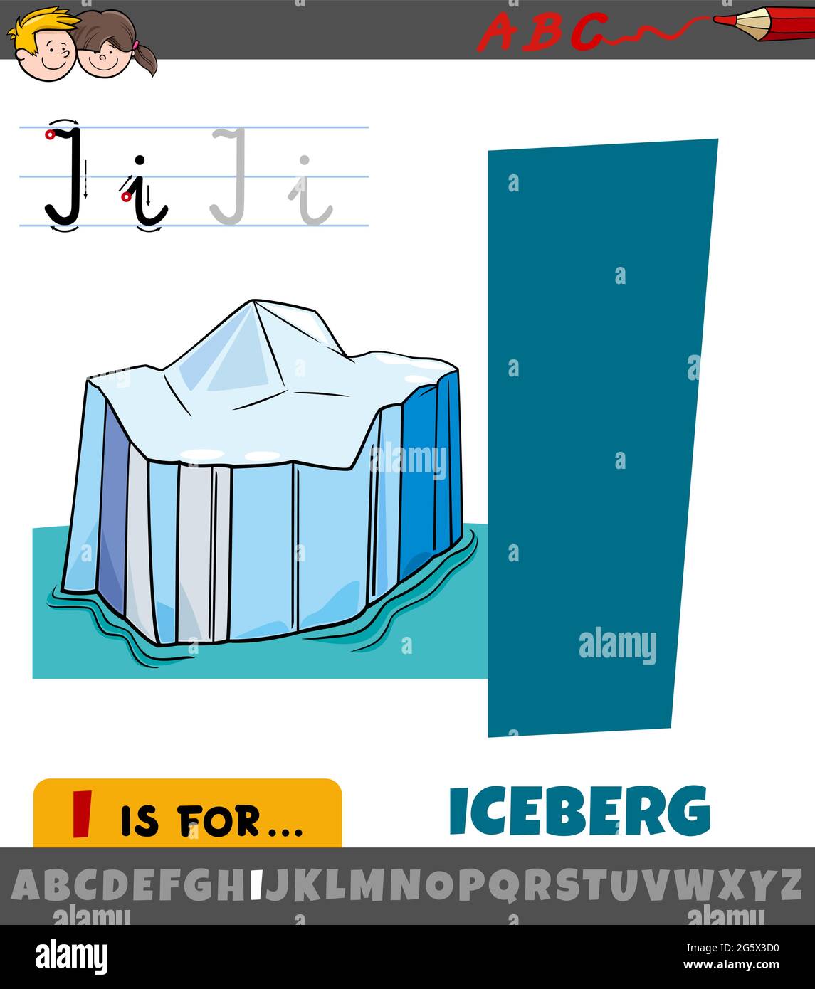 Educational cartoon illustration of letter I from alphabet with iceberg ...