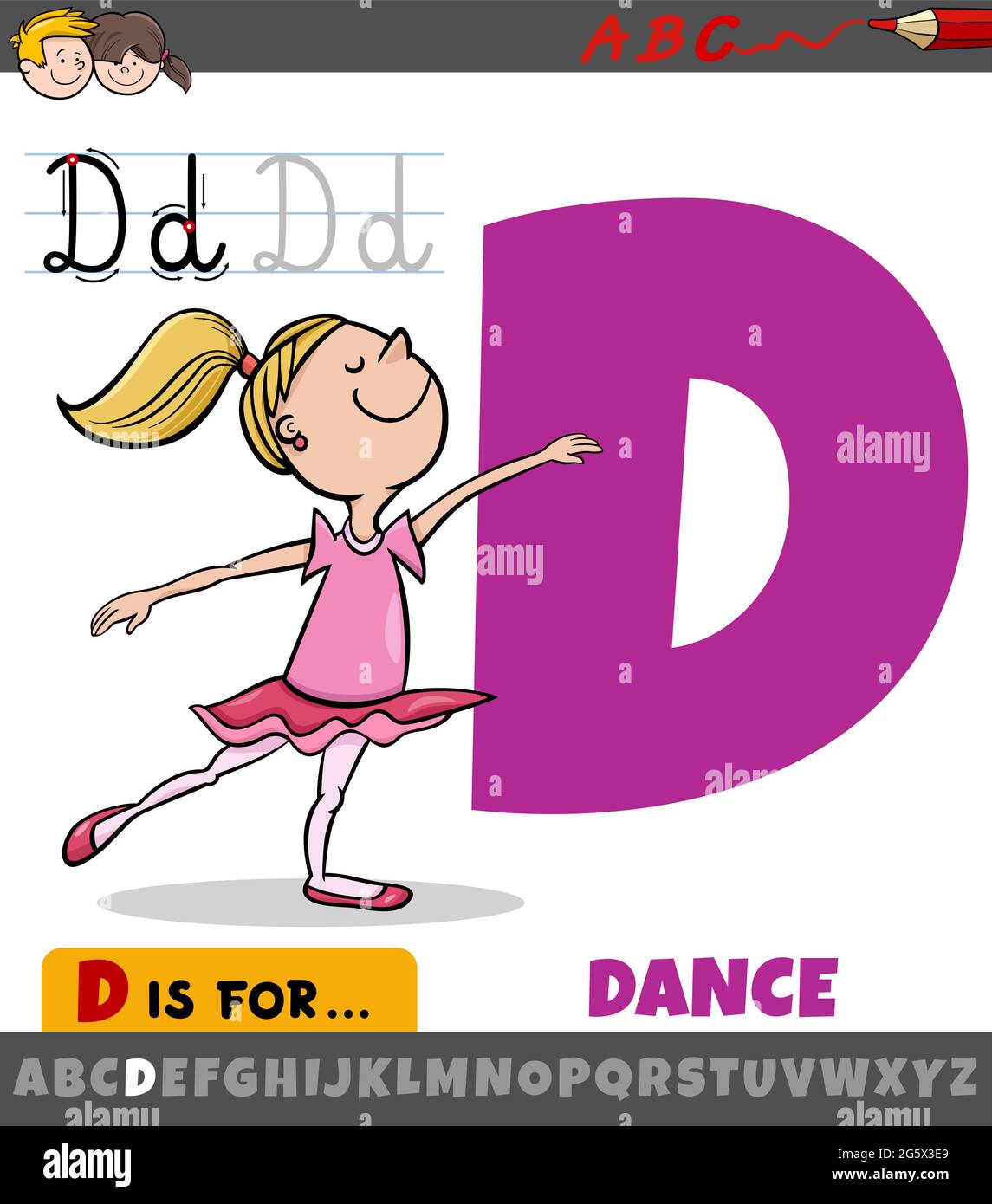 Educational cartoon illustration of letter D from alphabet with dancing ...