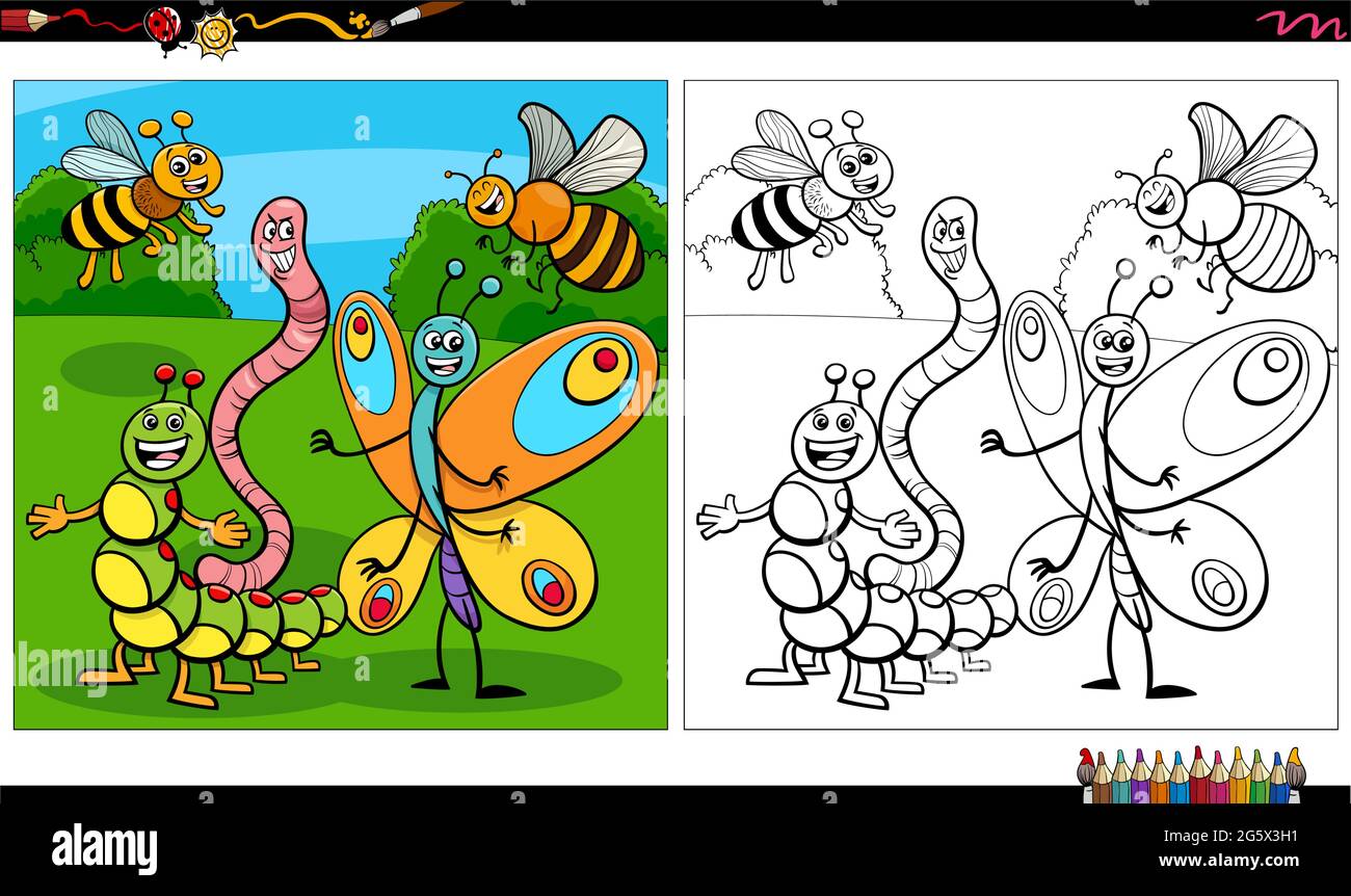 Cartoon illustration of insects animal characters group coloring book ...