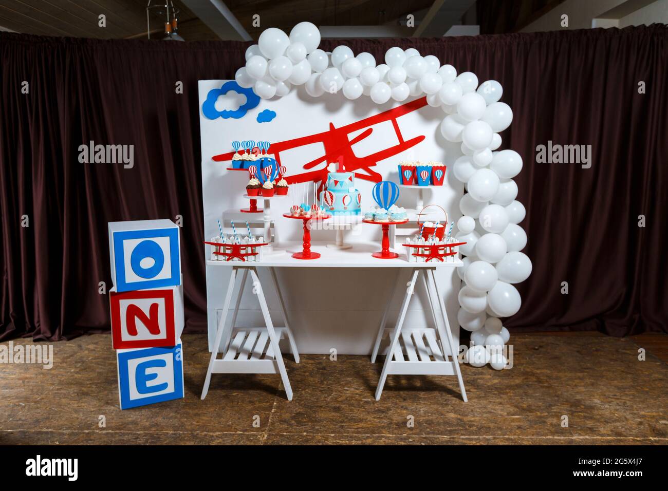 Candy bar on boy's birthday party with a lot of different candies ...
