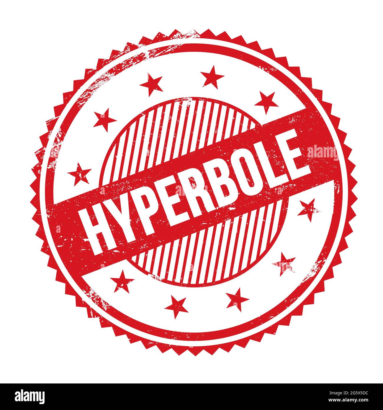 HYPERBOLE text written on red grungy zig zag borders round stamp Stock ...