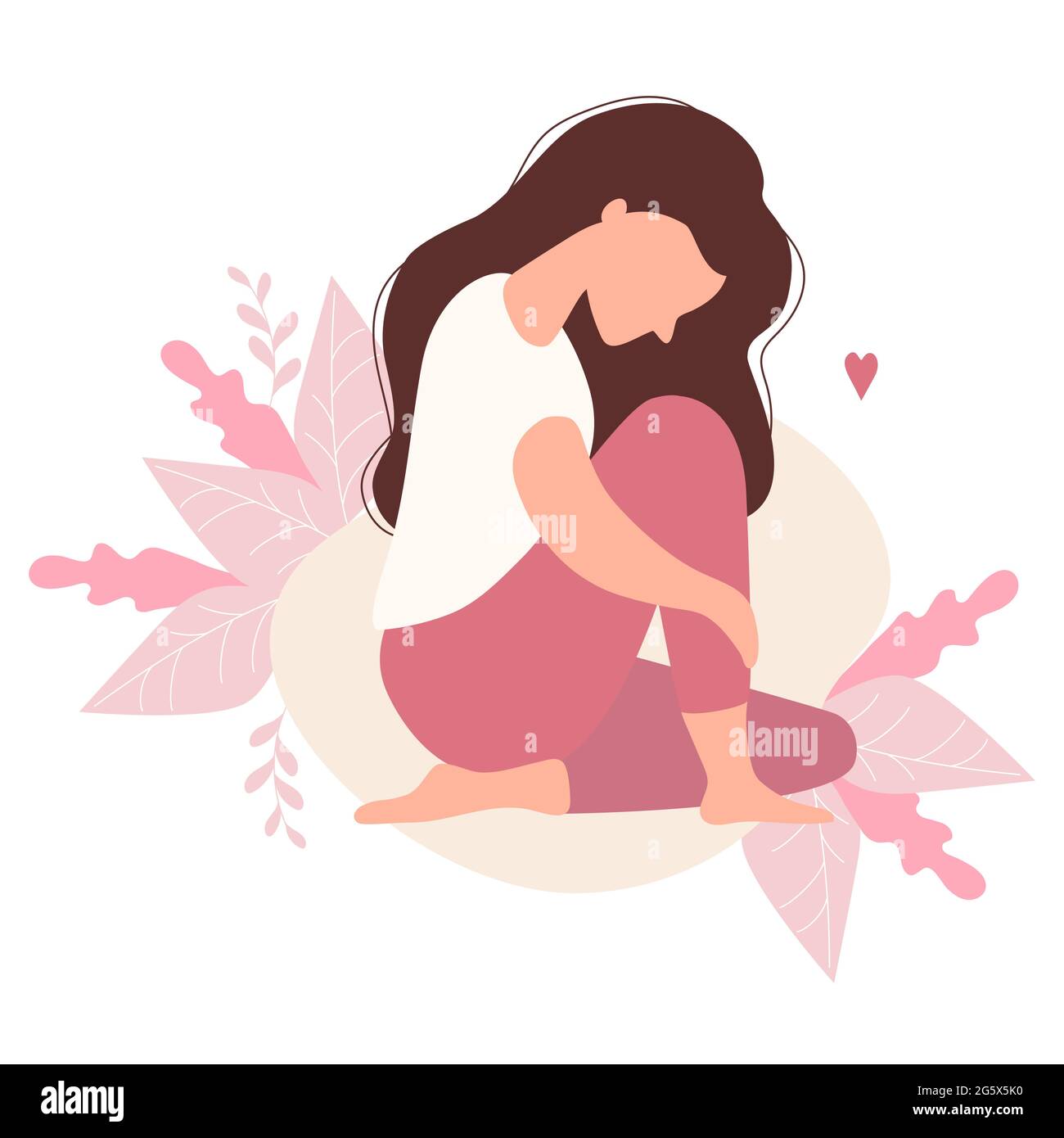 Beautiful modern sad girl with long hair sits hugging her leg on a ...