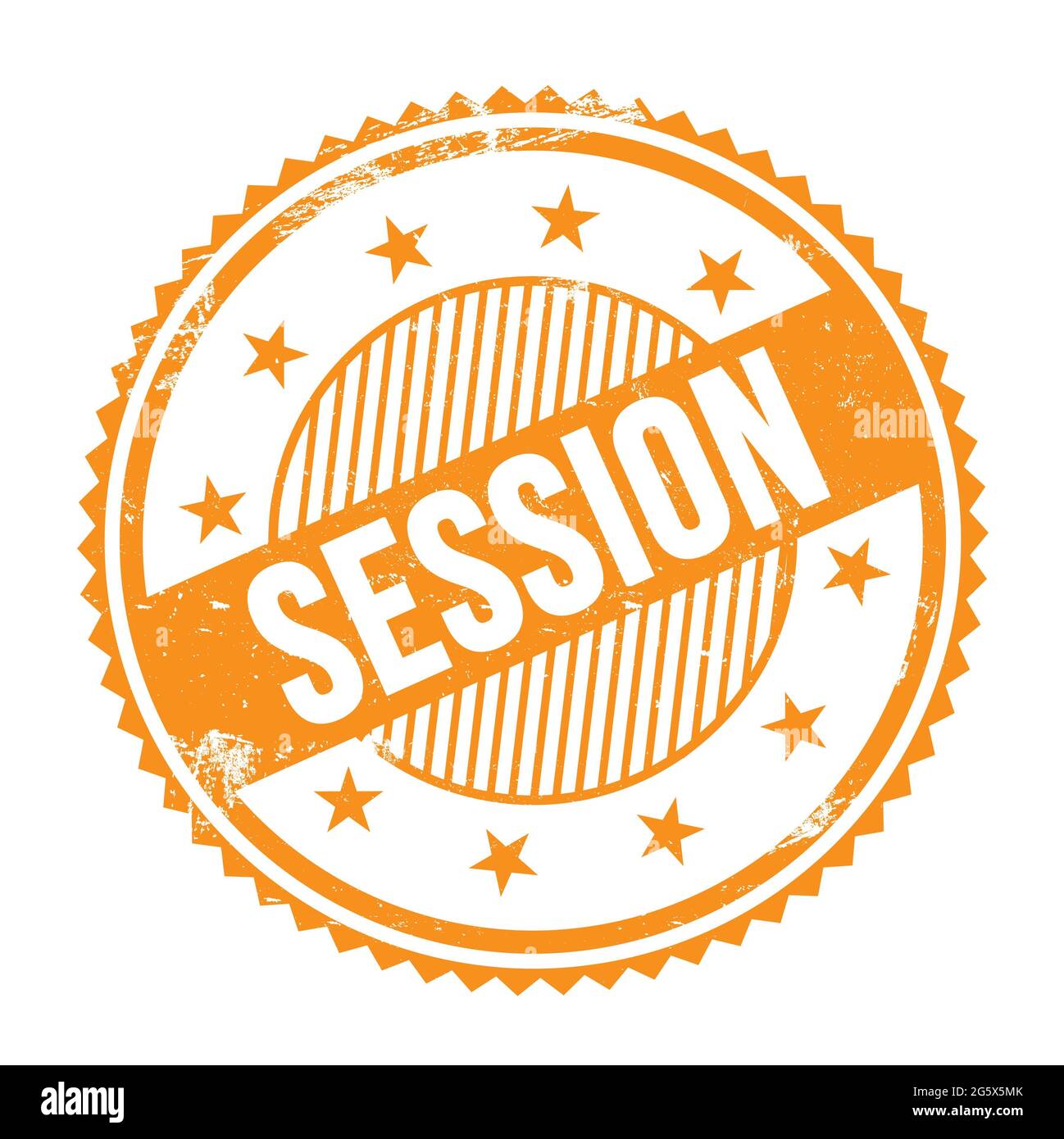 SESSION text written on orange grungy zig zag borders round stamp Stock ...