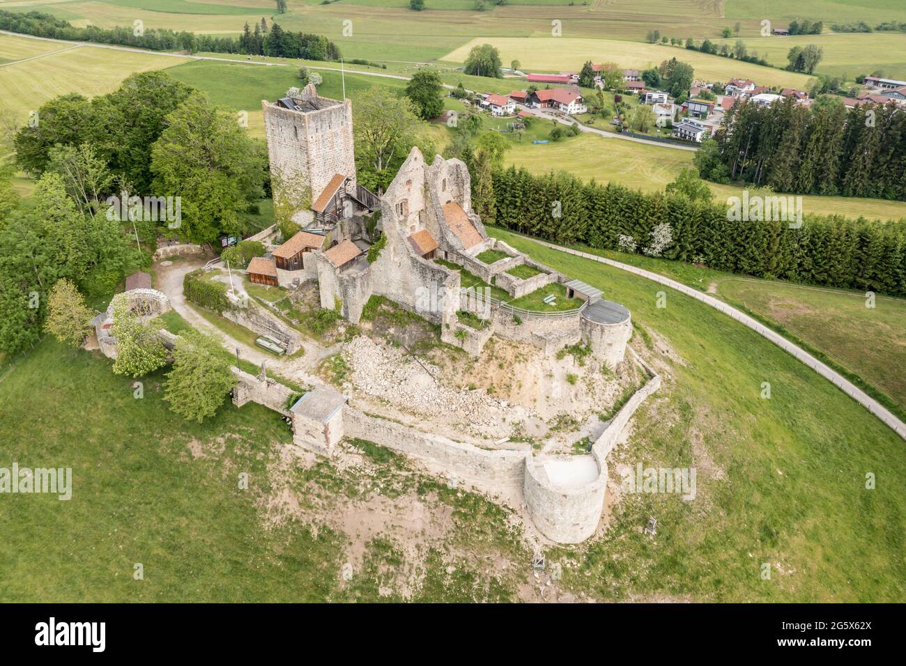 Aerial view of medieval castle ruin near Sulzberg, Allgau , Bavaria ...