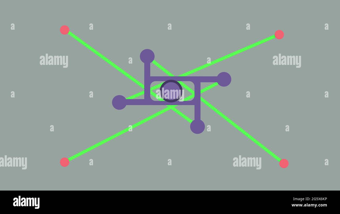 3d illustration - 4 red Points connect with rotating shape and make ...