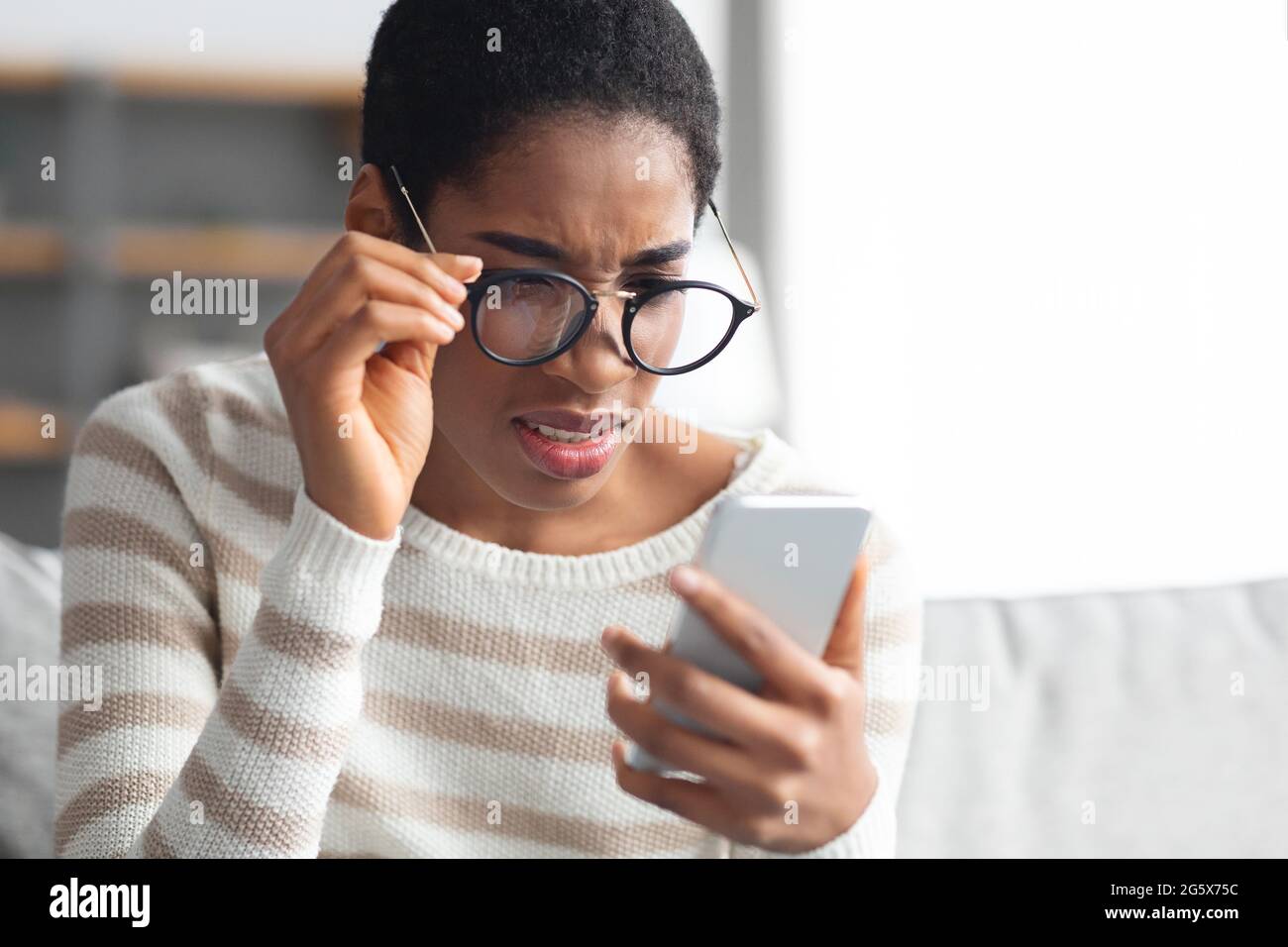 Bad Vision. Young African American Woman In Eyeglasses Looking At ...