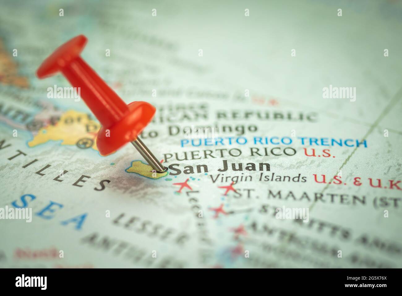 Location Puerto Rico and San Juan city, red push pin on the travel map ...