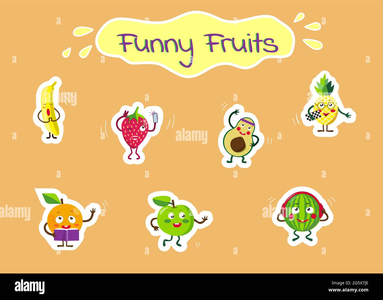 Collection of funny fruit stickers, characters with funny faces Stock ...