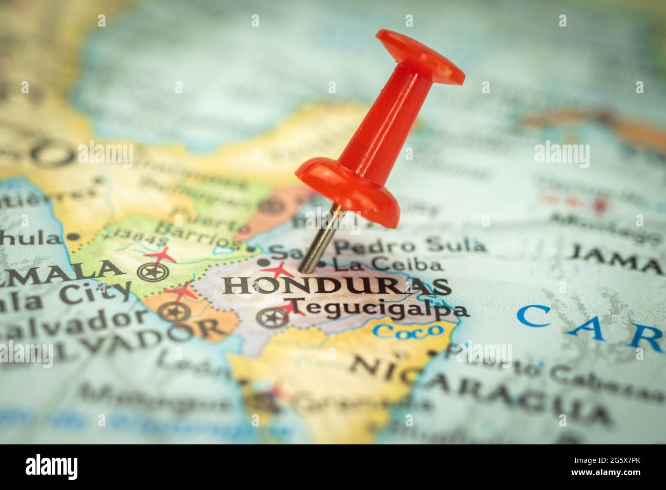 Location Honduras, red push pin on the travel map, marker and point ...