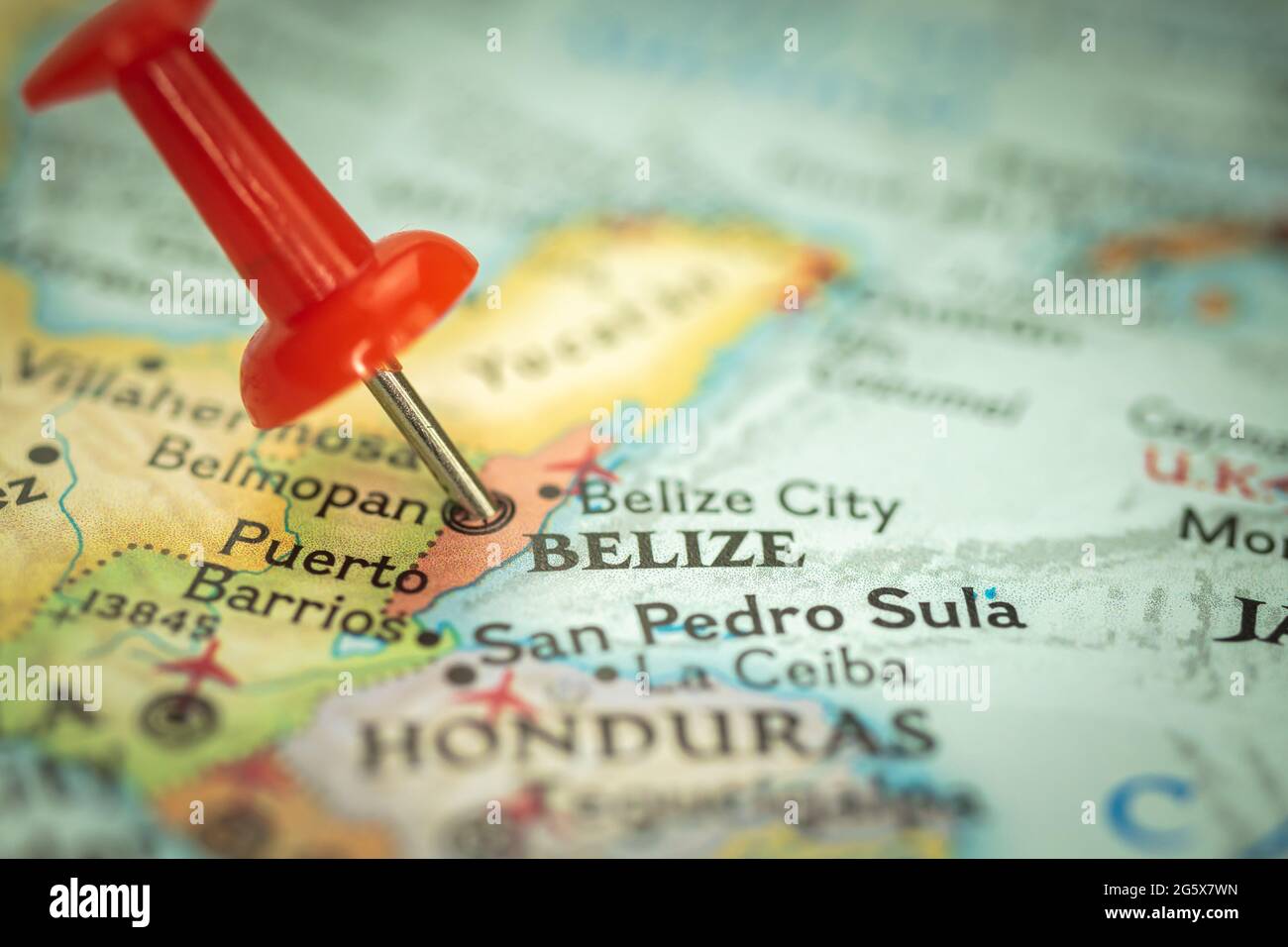 Location Belize, red push pin on the travel map, marker and point ...