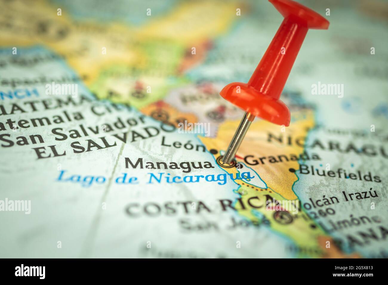 Location Managua city in Nicaragua, red push pin on the travel map ...