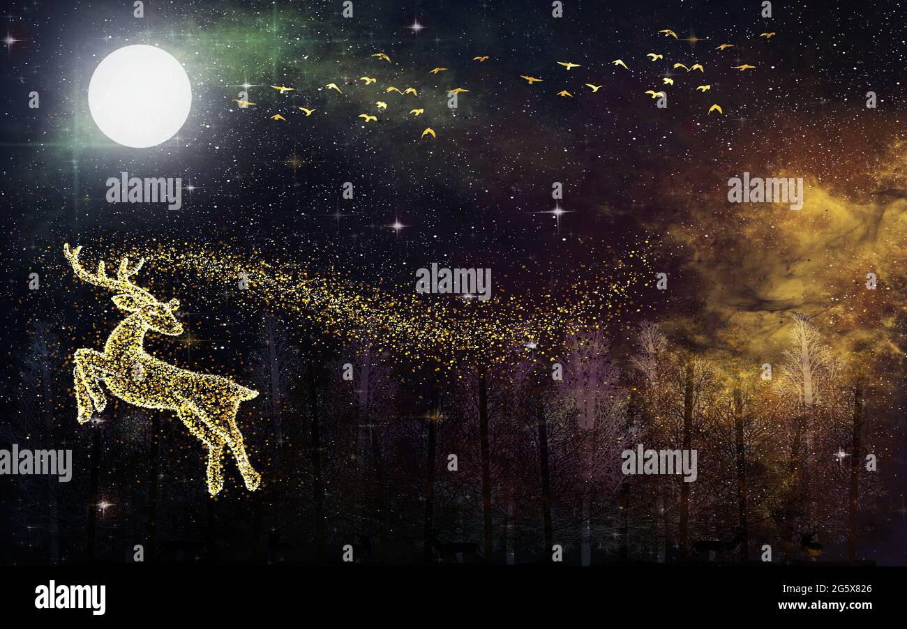 wallpaper with dark galaxy background . golden deer and golden birds ...