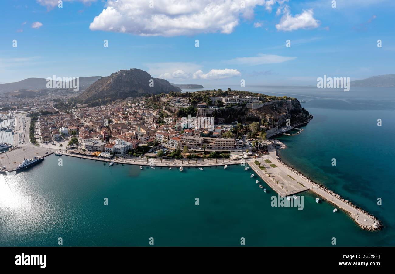 Nafplio or Nafplion city, Greece, Peloponnese old town, aerial drone ...