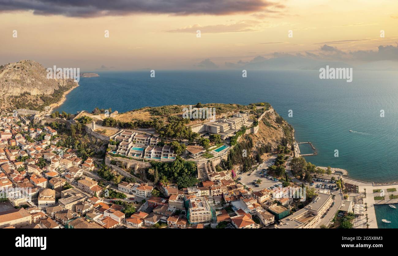 Greece, Nafplio city aerial drone view. Peloponnese old town cityscape ...