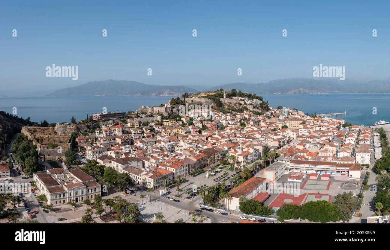 Greece, Nafplio city aerial drone view. Peloponnese old town cityscape ...