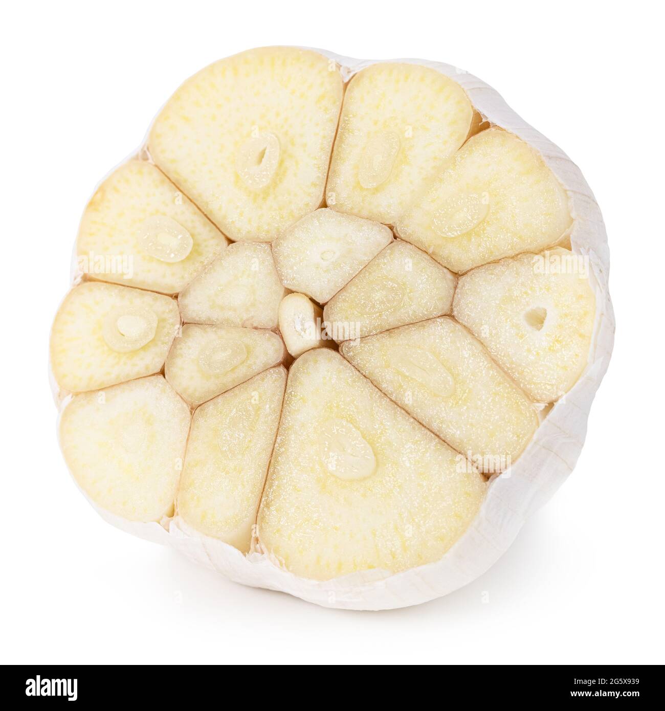 cut garlic in half isolated on white background Stock Photo - Alamy