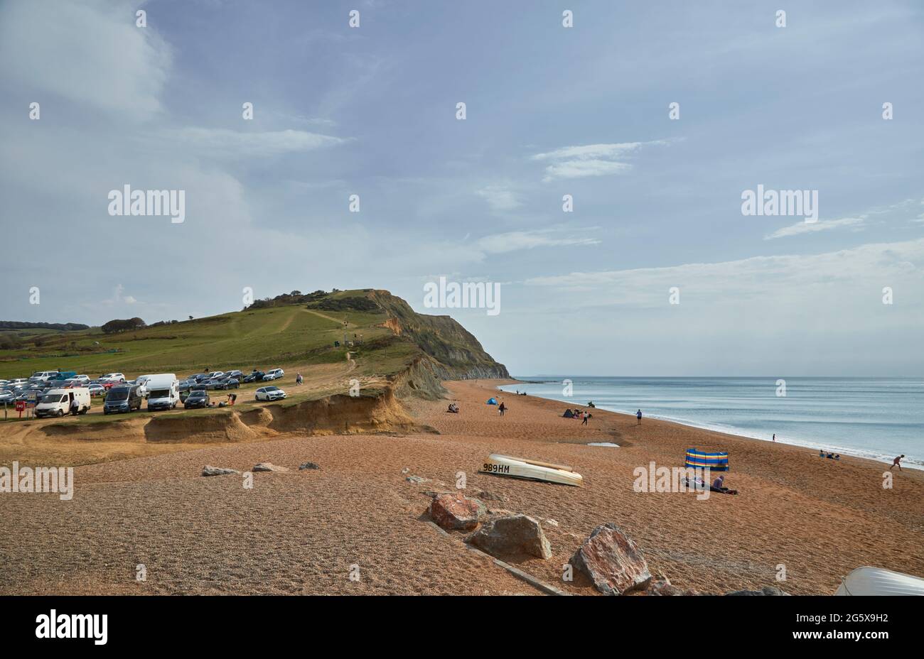 The South-West Coast Path at Seatown with a view of the beach, the ...
