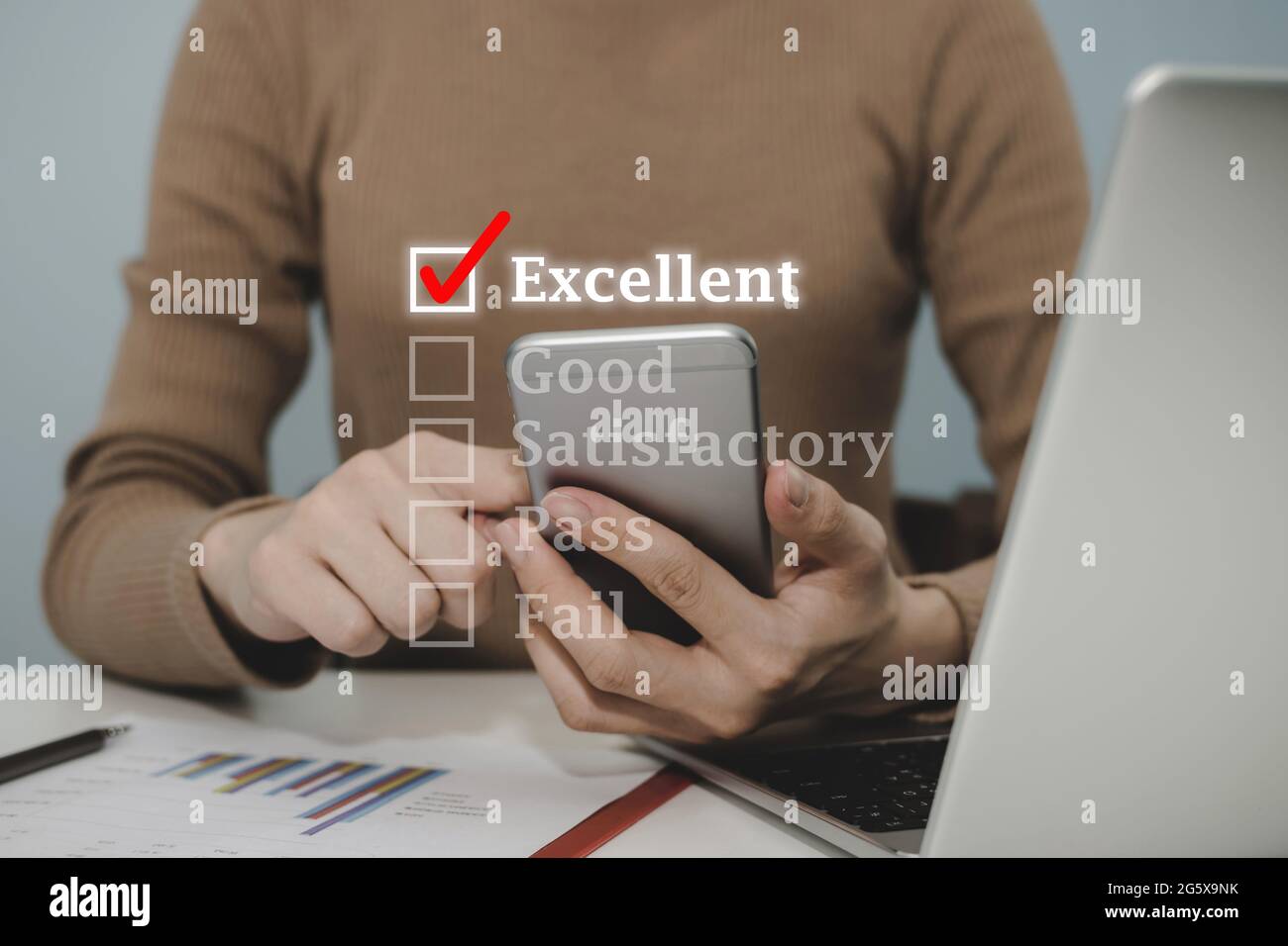 Feedback. woman hand checking mark on checklist box on digital mobile ...