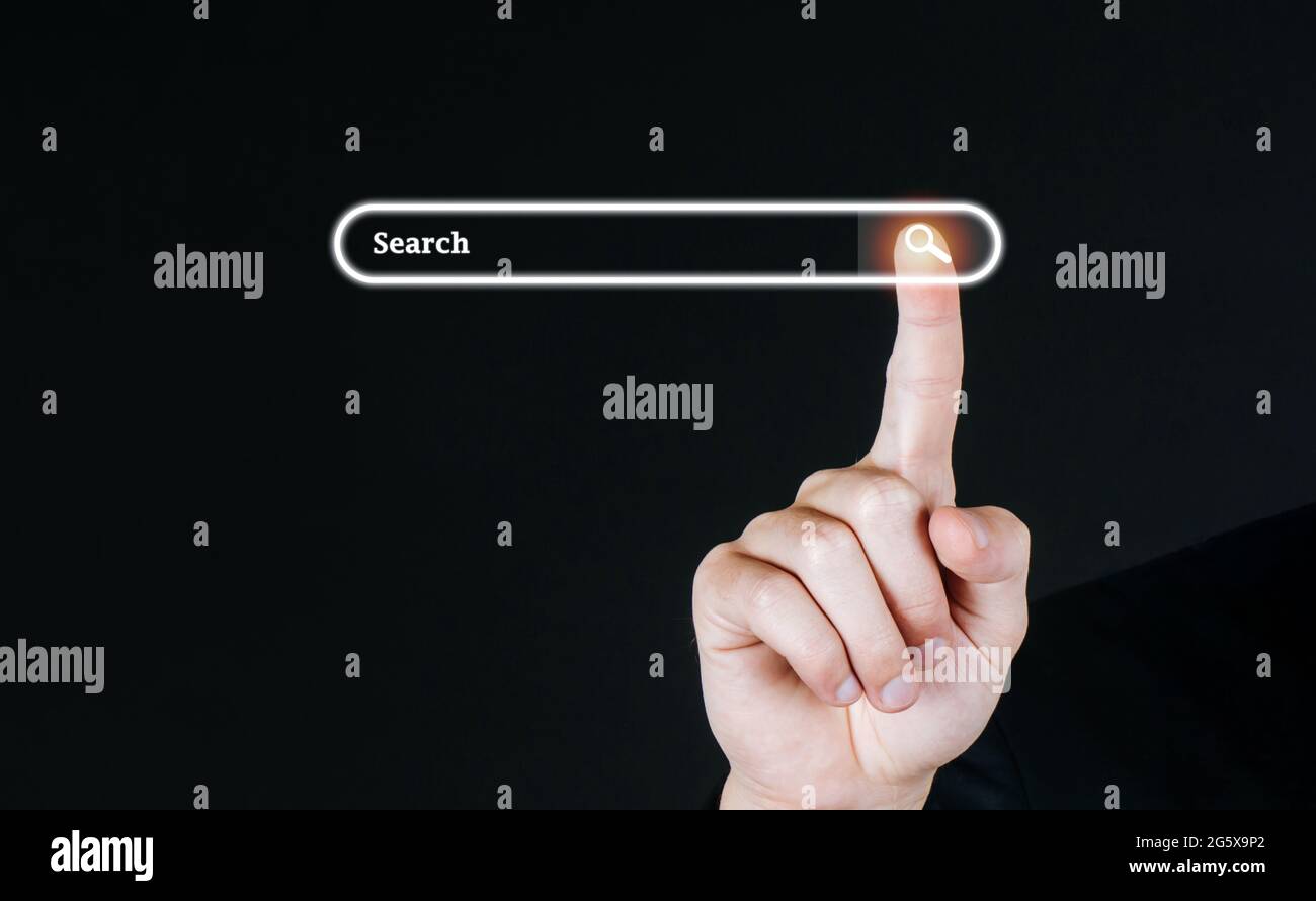 Searching. business customer hand pressing visual screen search button ...