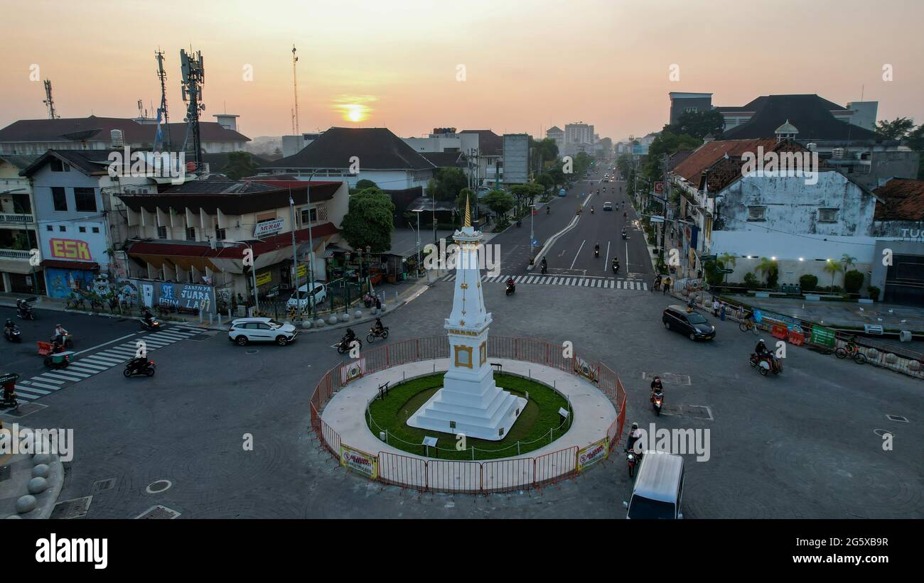 Aerial view of the tugu jogja or known as tugu pal is the iconic landmark of Yogyakarta. Central ...