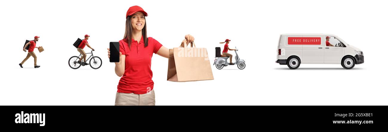 Food delivery service and a female worker holding a paper takeaway bag ...