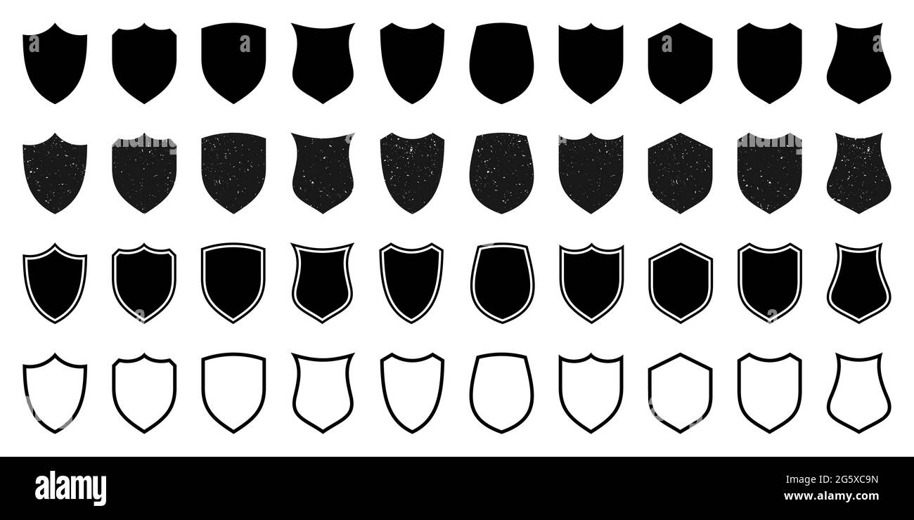 Set of various vintage outlined shield icons. Black heraldic shields ...