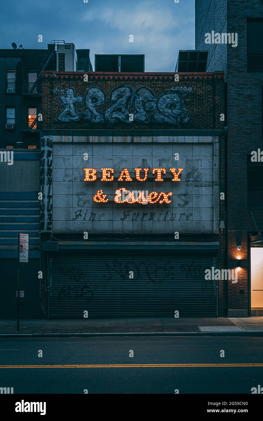 Beauty & Essex sign, in the Lower East Side, New York, New York Stock ...