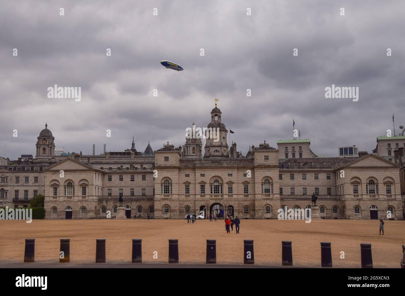 London, UK. 30th June, 2021. A Goodyear blimp flying over Horse Guards ...
