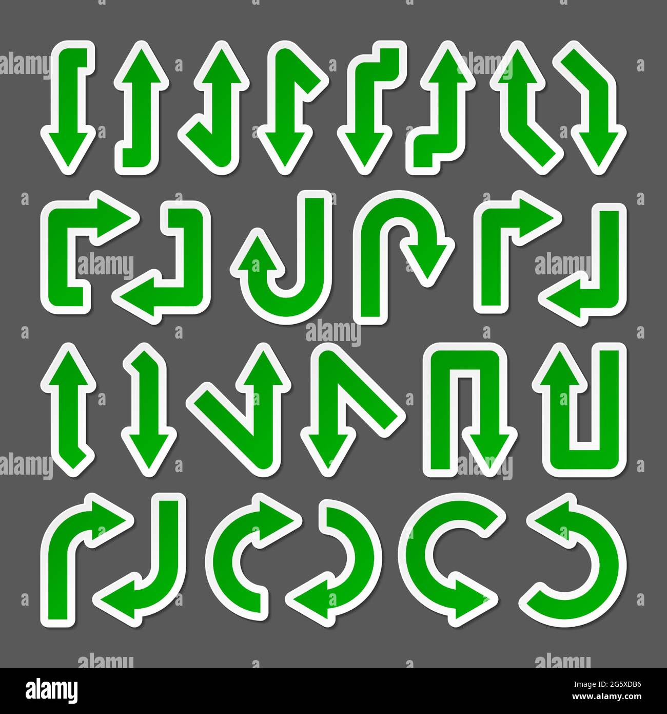 Colorful arrow stickers set. Green pointers collection. Simple arrows in different shapes ...