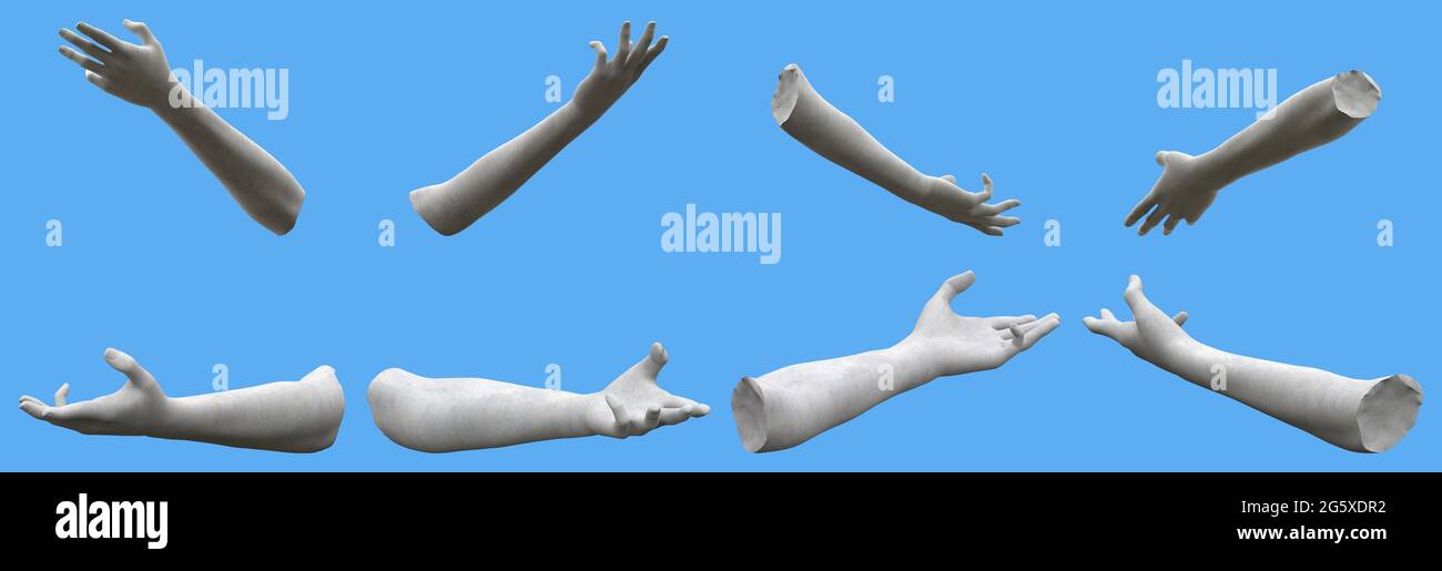 8 white stone statue hand realistic renders isolated on blue, lights ...