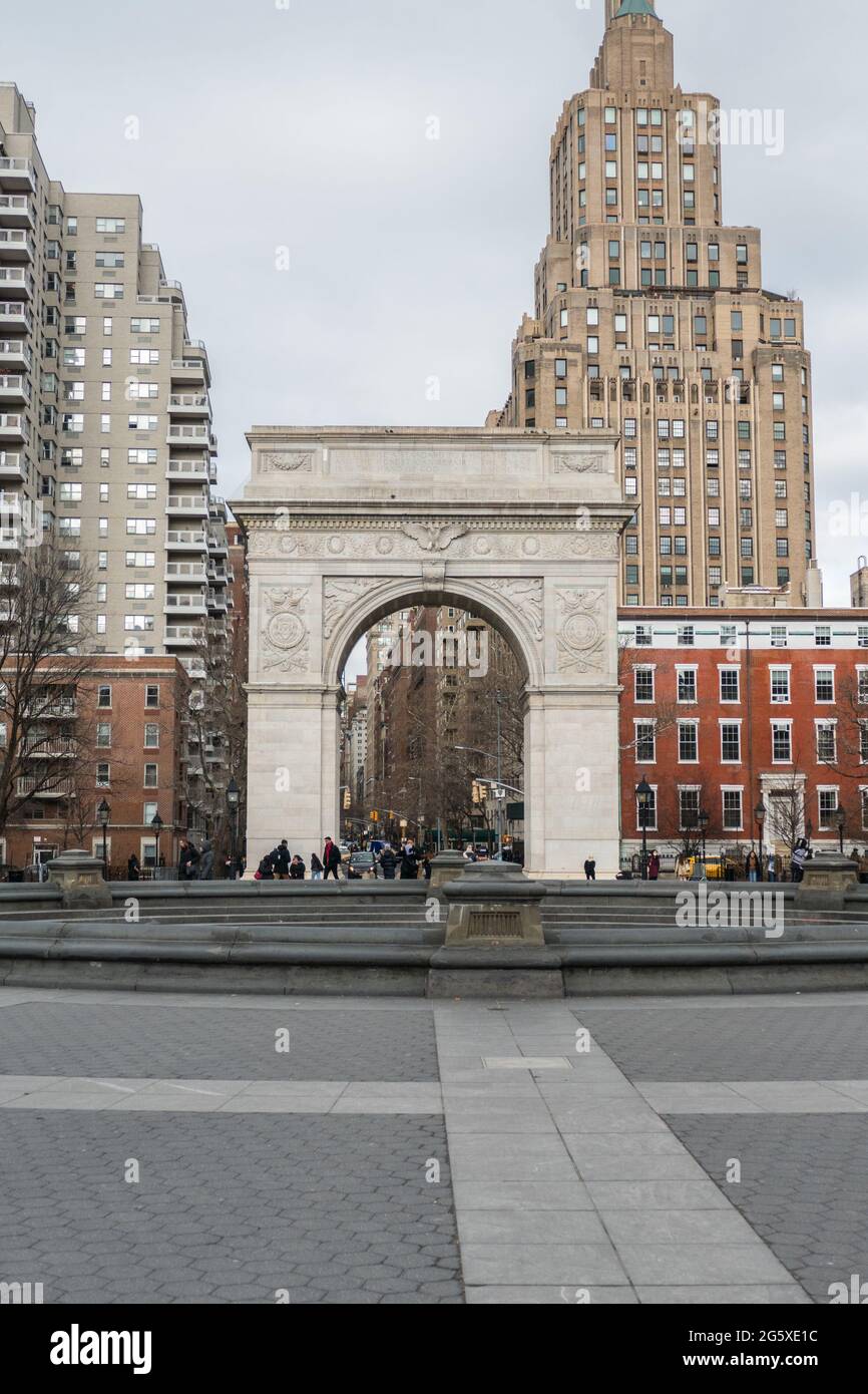 New York, USA, January 28, 2020: The Washington Square Arch is a marble ...