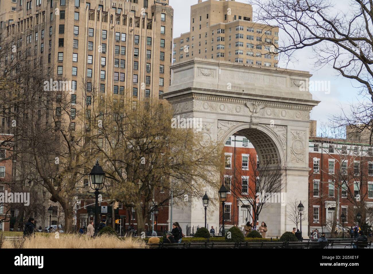 New York, USA, January 28, 2020: The Washington Square Arch is a marble ...
