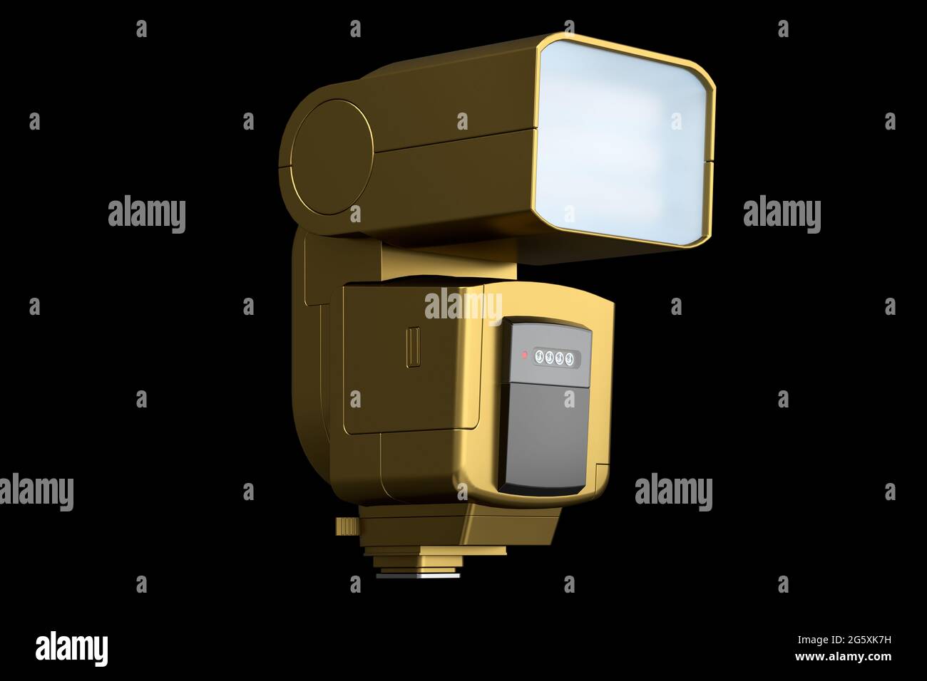 Camera external gold flash speedlight isolated on black background ...