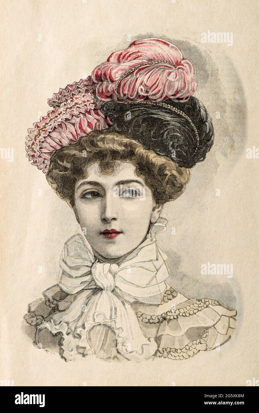 Woman wearing vintage elegant dress and hat. Antique fashion engraving ...