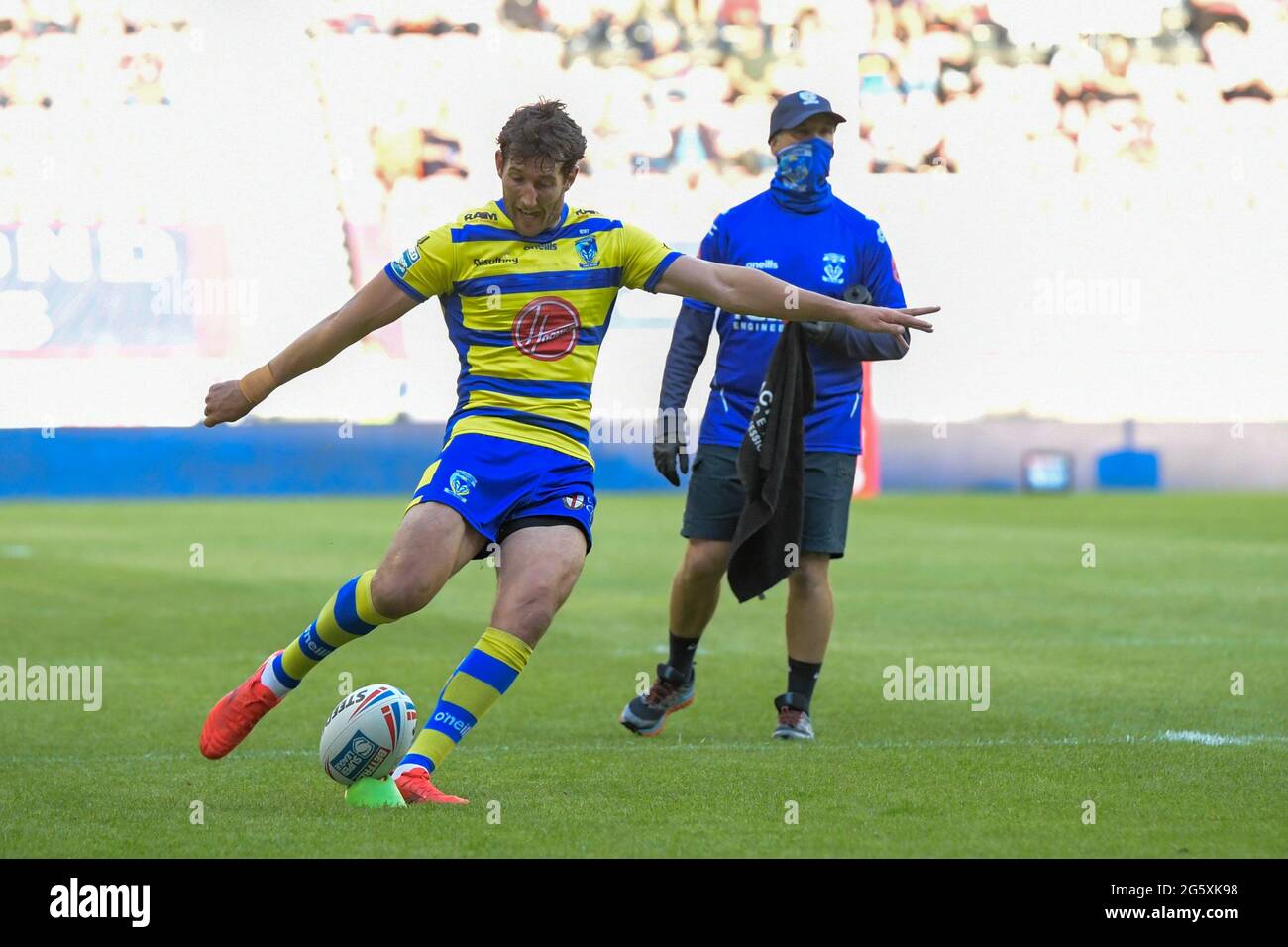 Stefan Ratchford (1) of Warrington Wolves successfully kicks a ...