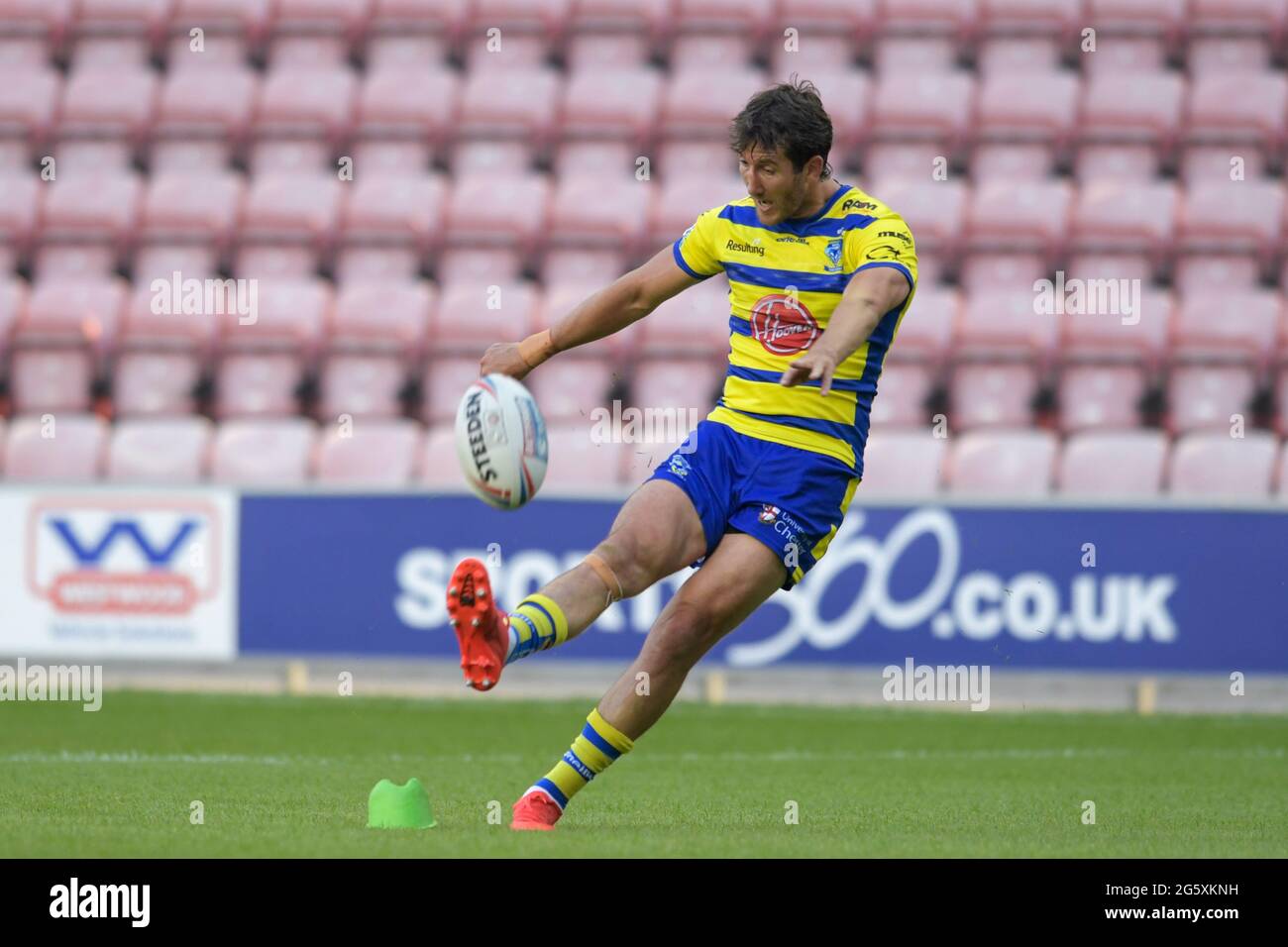 Stefan Ratchford (1) of Warrington Wolves successfully kicks a ...