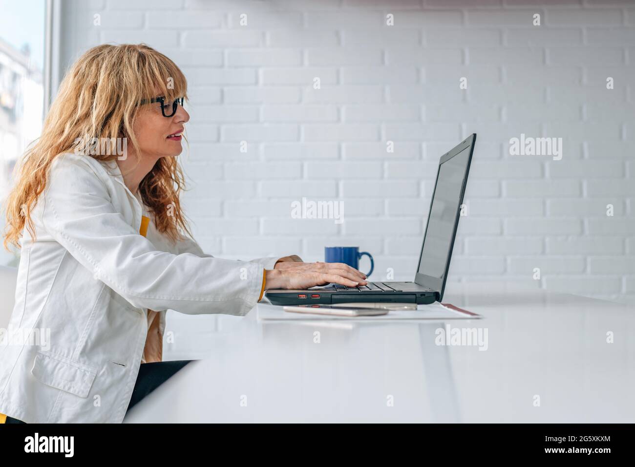 business woman with computer in office Stock Photo - Alamy