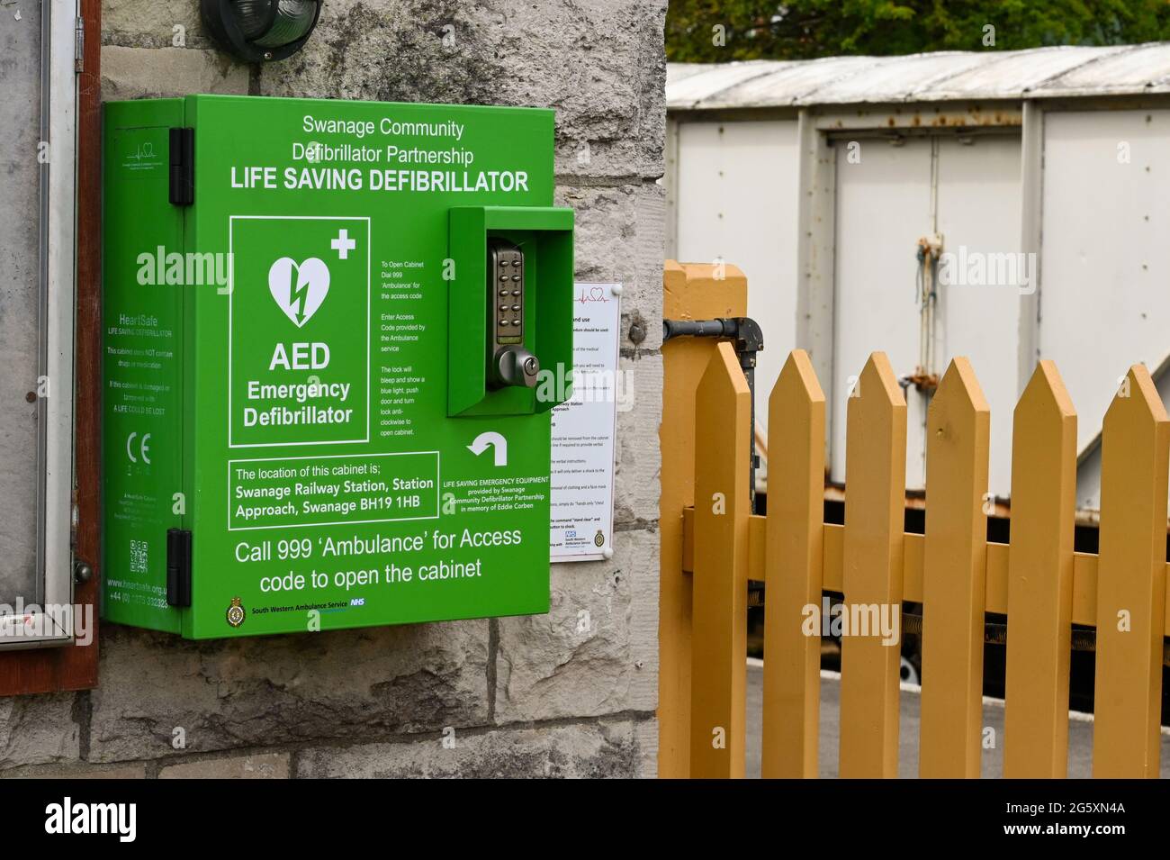 Swanage, England - June 2021: Life saving heart defibrillator in metal ...