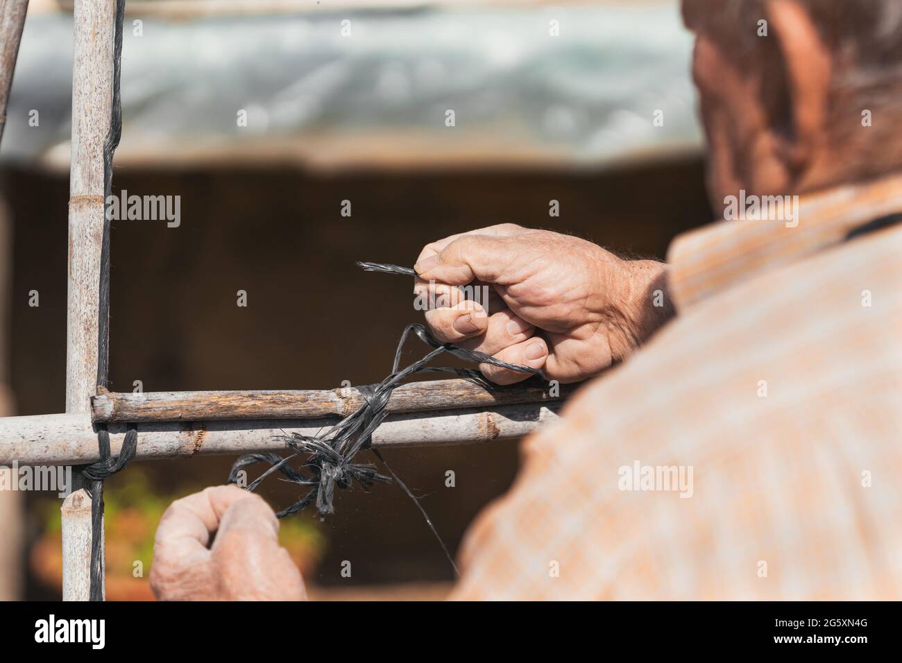 older man handling materials to build a vegetable garden. Selective ...