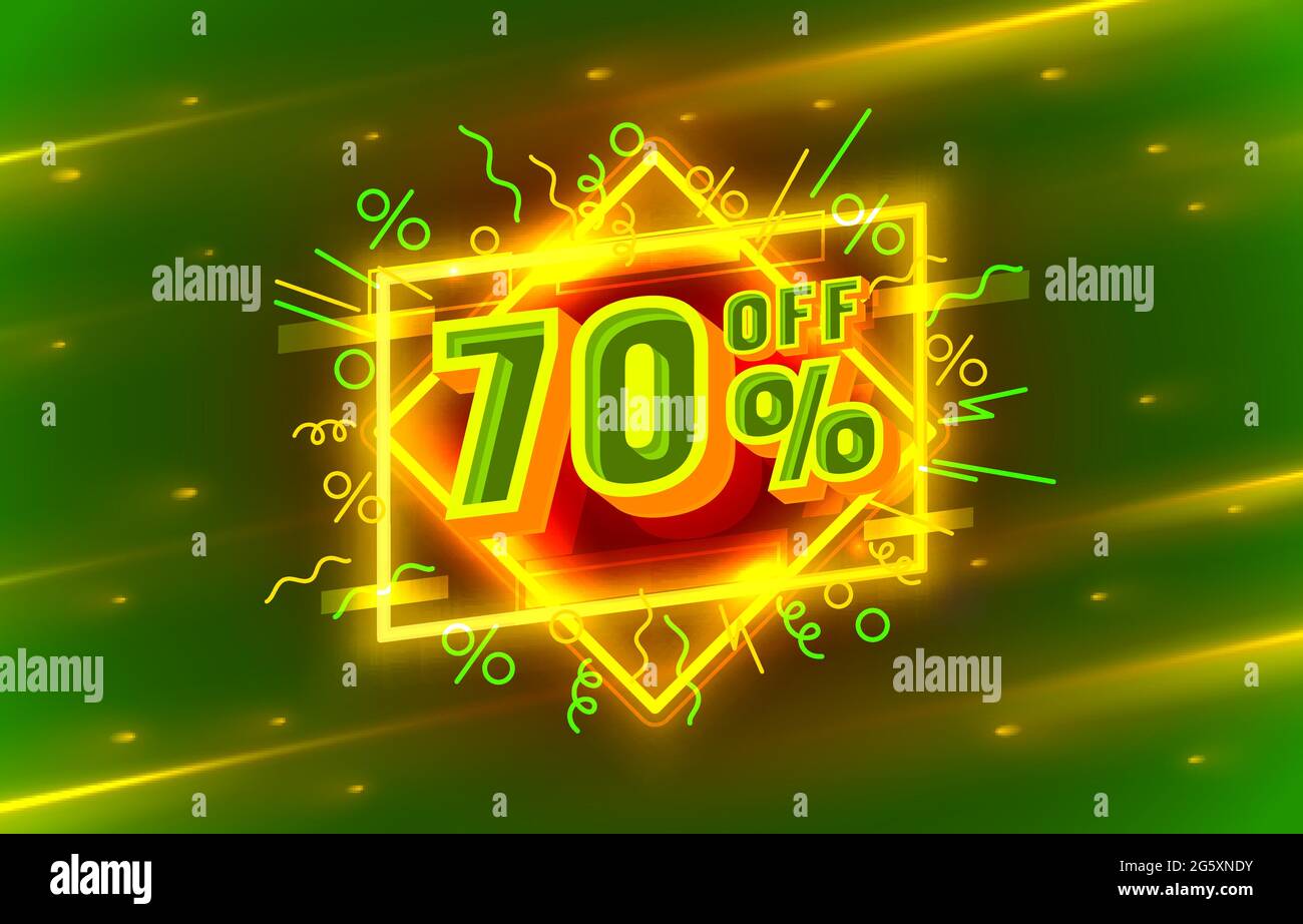Cyber 70 off sale banner, light neon flyer, retro label. Vector ...