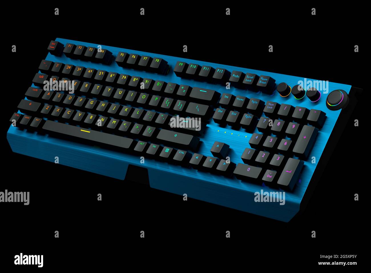 Blue computer keyboard with rgb colors isolated on black background ...