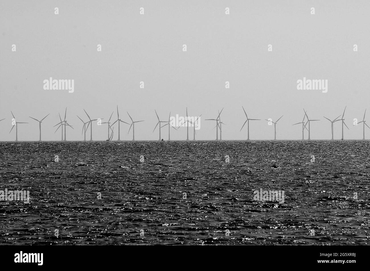 Copenhagen / Denmark - 12 May 2017. . Wind turbines park in oresund sea ...