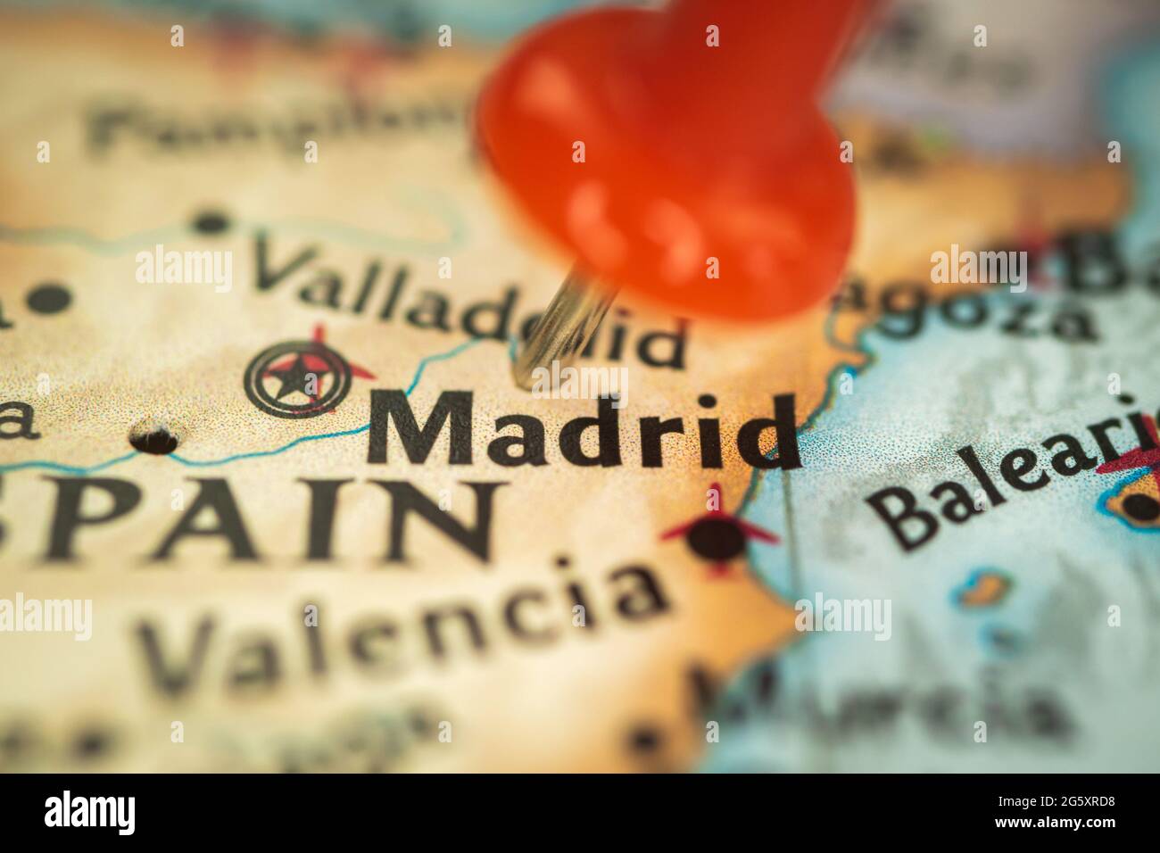 Location Madrid in Spain, push pin on map closeup, marker of ...