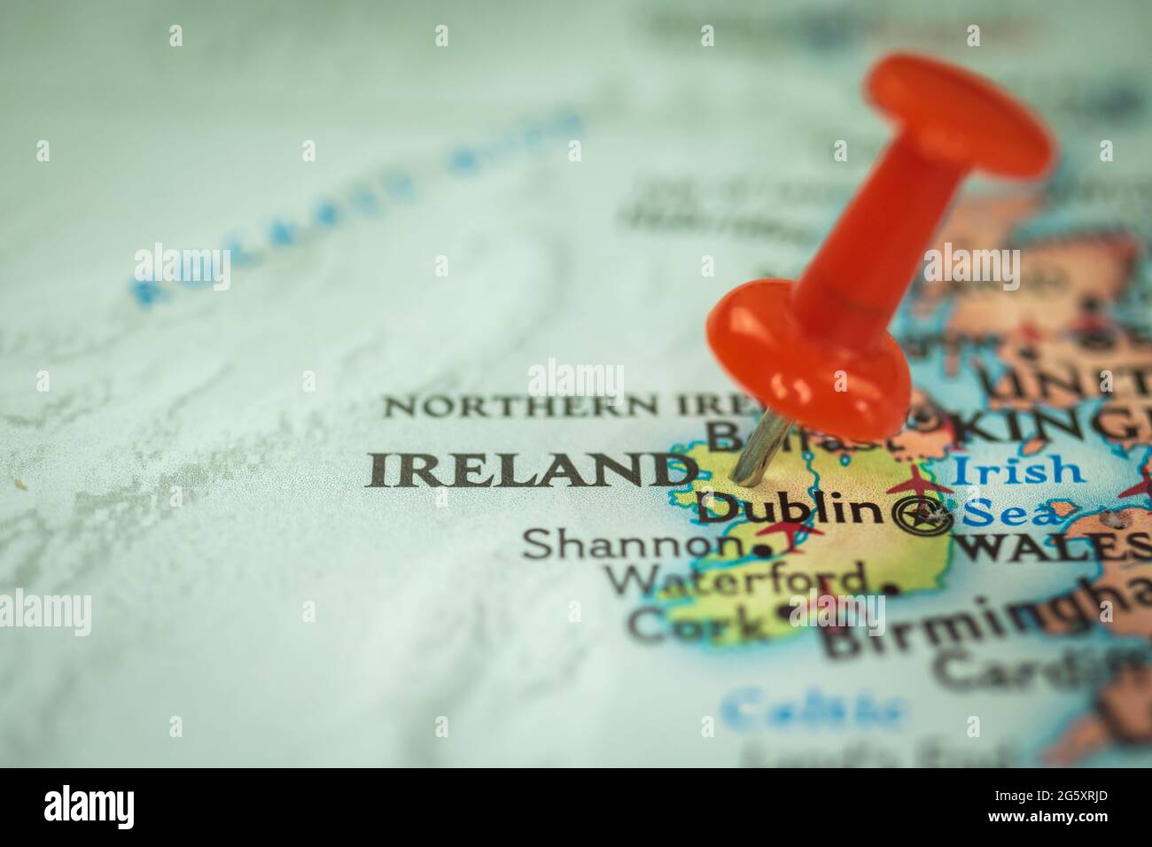 Location Ireland, push pin on map closeup, marker of destination for ...