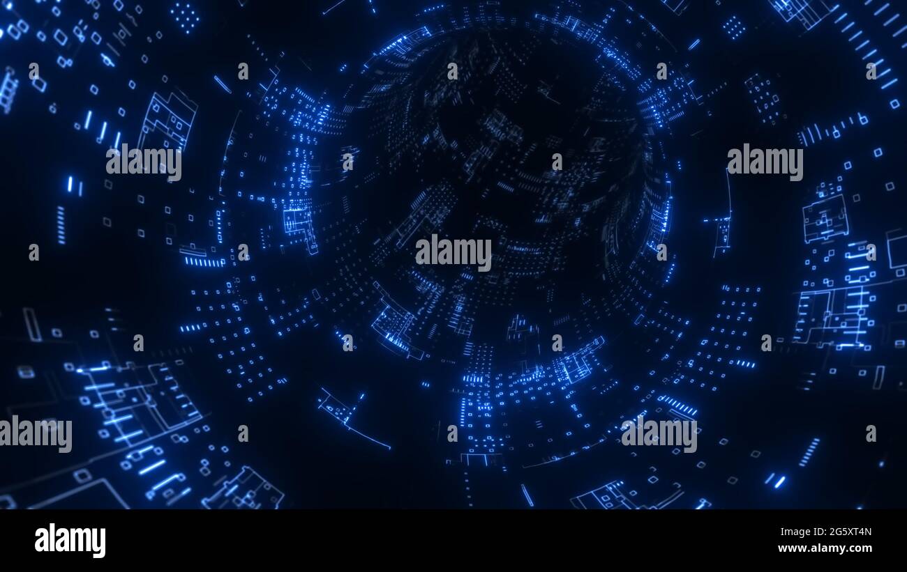Abstract technology digital tunnel, pipe. Circle shape. Glowing ...