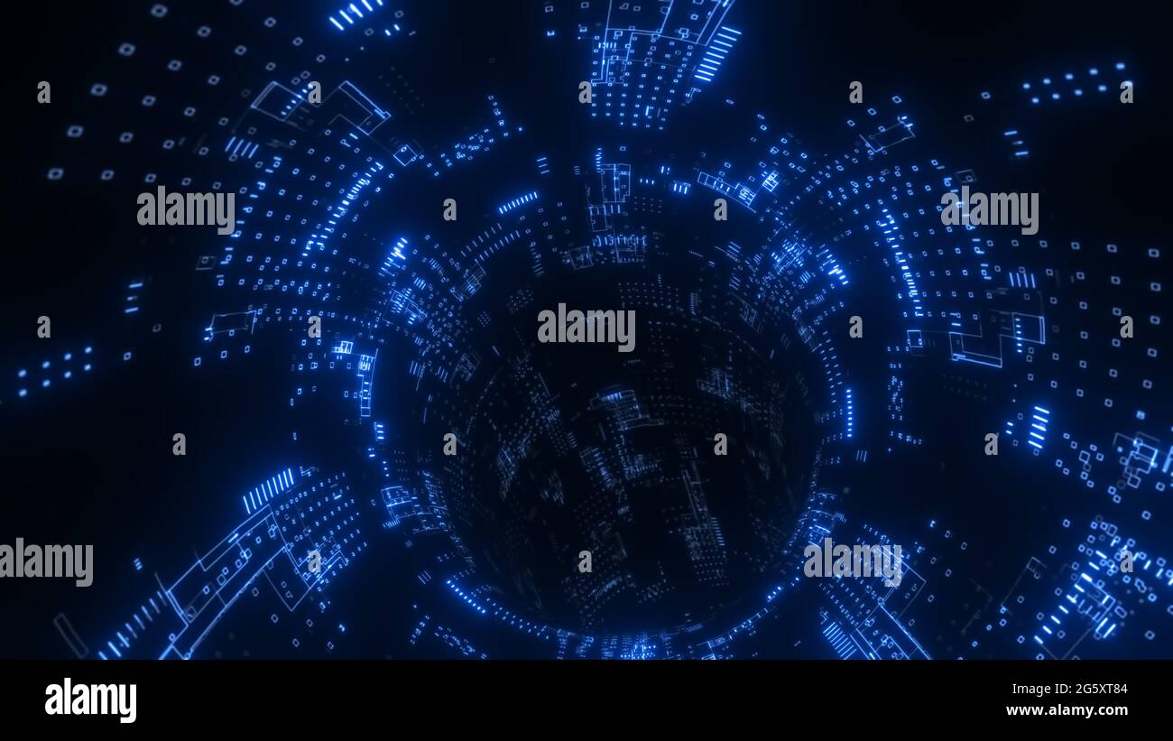 Abstract technology digital tunnel, pipe. Circle shape. Glowing ...